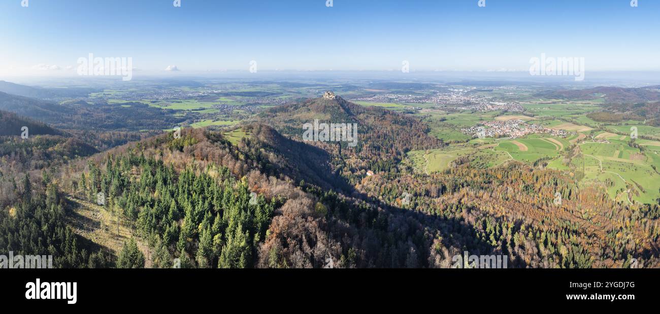 Aerial view, panorama from the Albtrauf over a mixed forest on the 956 ...