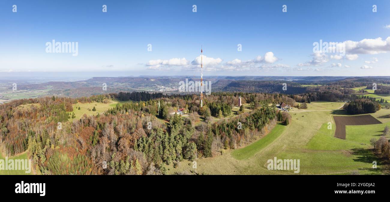 Aerial view, panorama of the 137 metre high steel tube mast of the ...