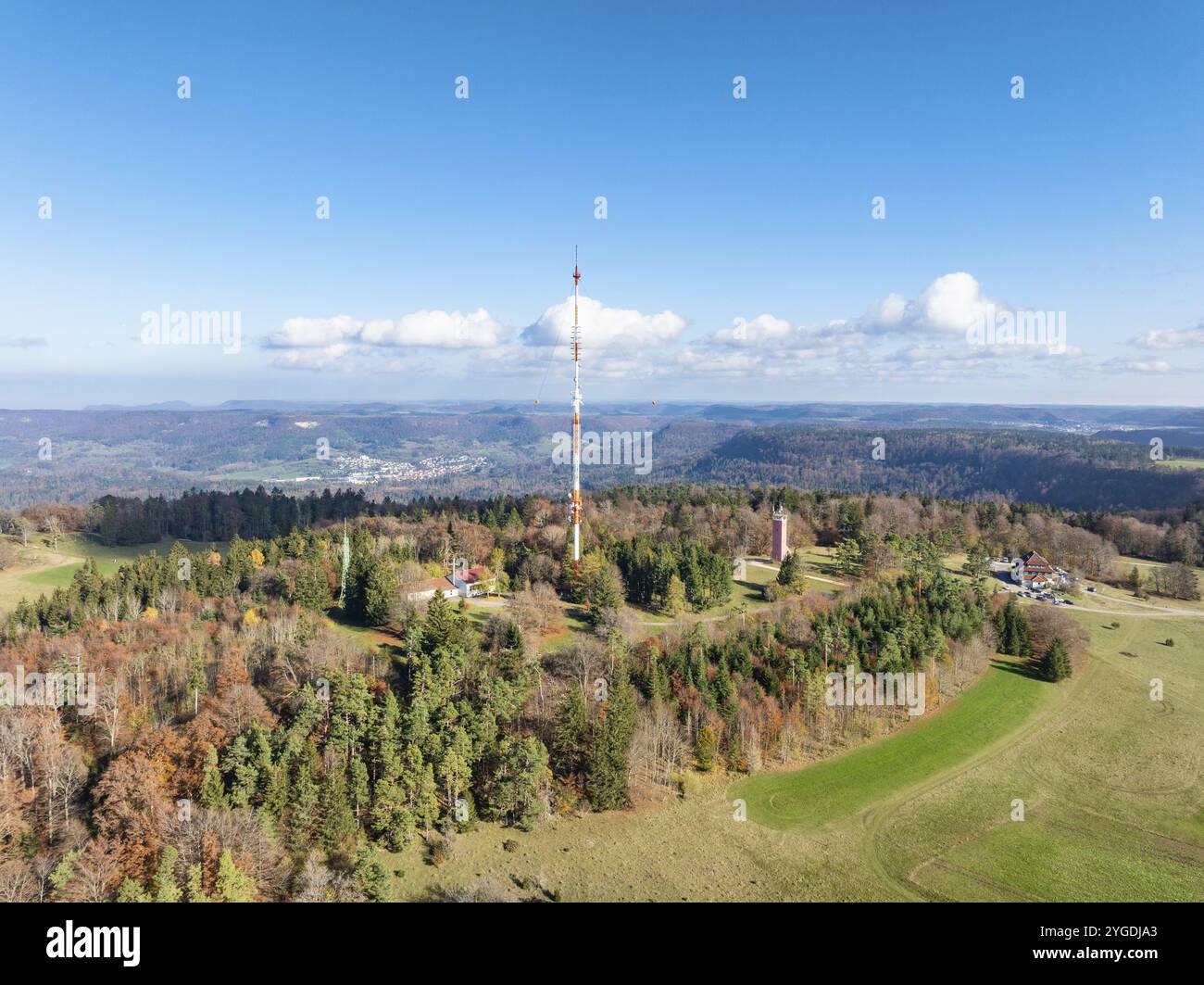 Aerial view, panorama of the 137 metre high steel tube mast of the ...