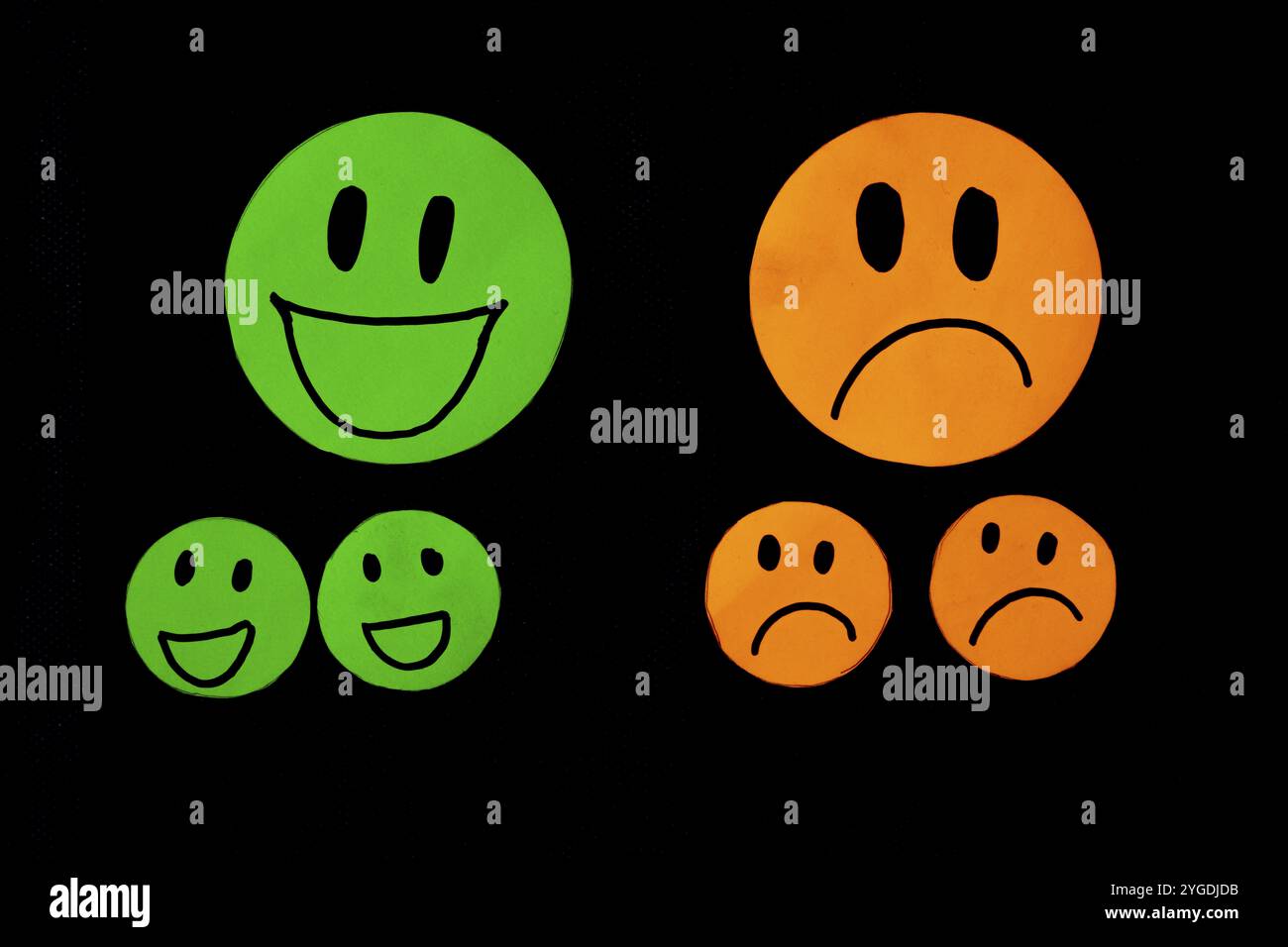 Set of smile and sadness emoticons isolated on black background. Line ...