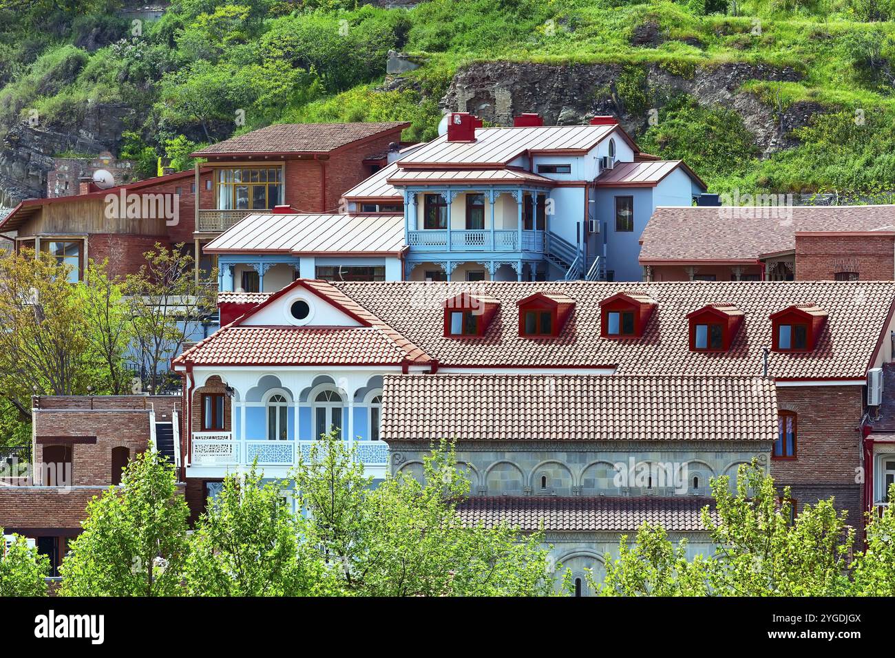 Aerial view with houses with traditional wooden carving balconies of ...