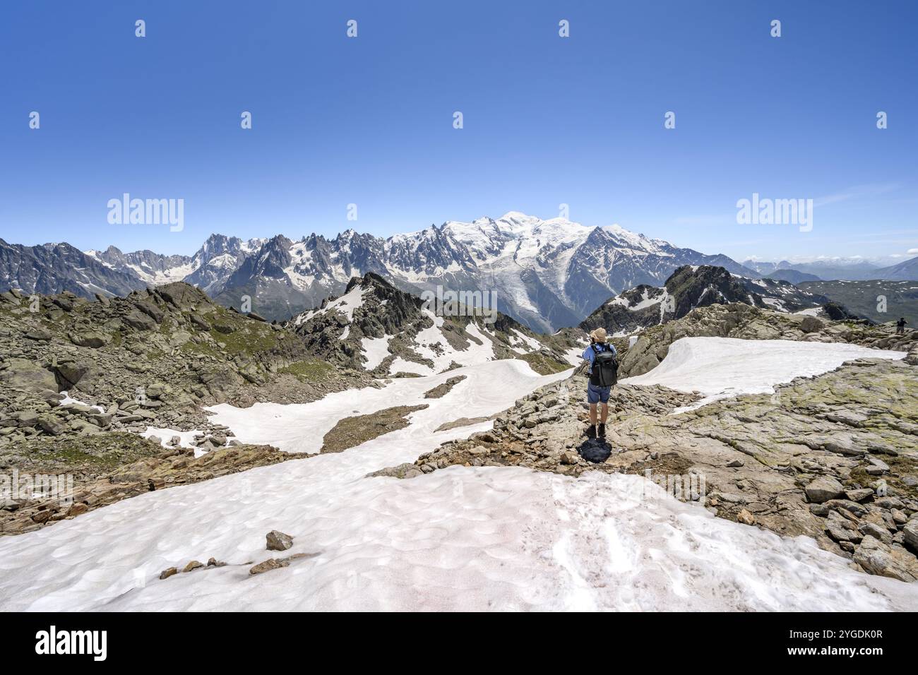 Mountaineer crossing a snowfield, mountain landscape with mountain peak ...