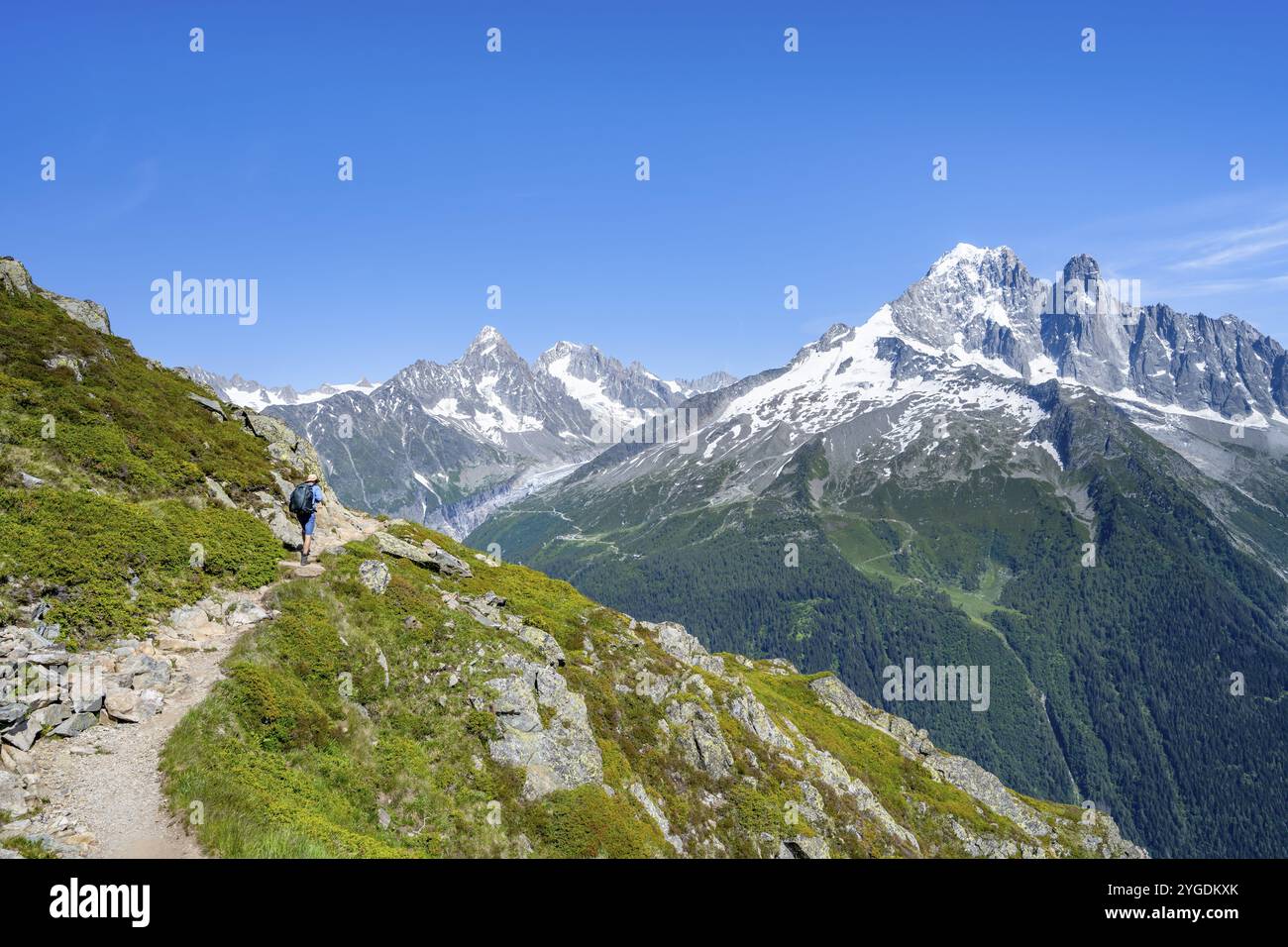 Mountaineer on a hiking trail in front of a mountain landscape, view of ...