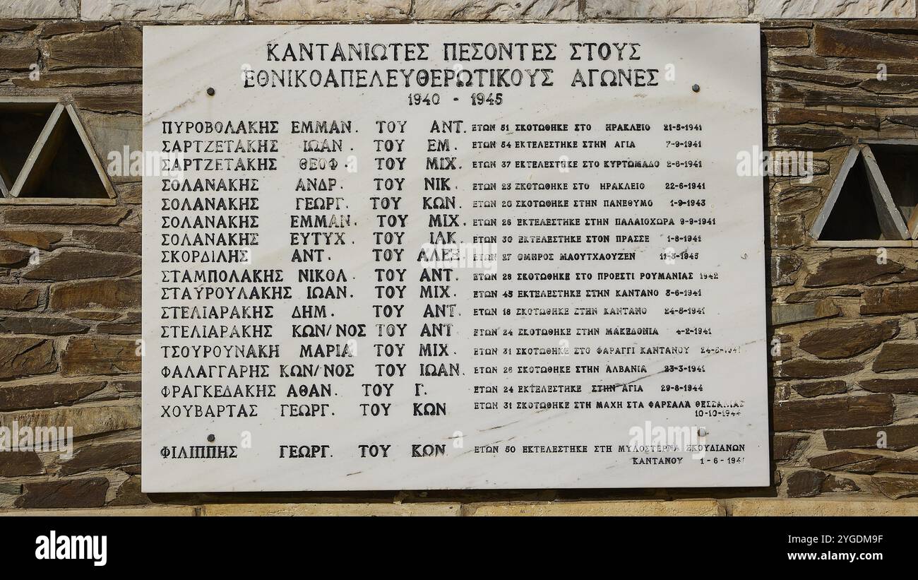 Memorial plaque with Greek inscription and names in memory of fallen ...