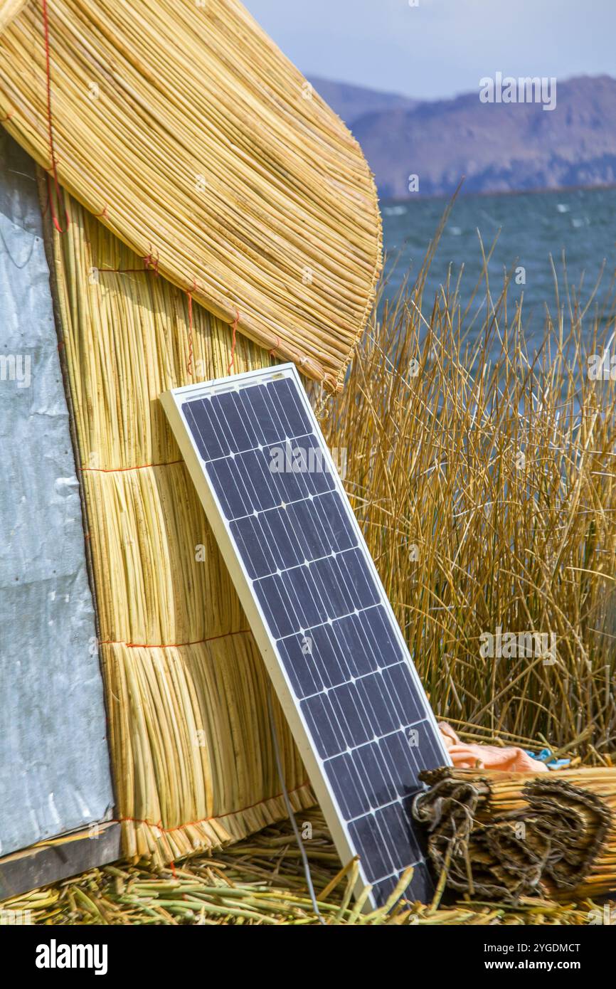 A solar energy panel on the Islas de los Uros, or Floating Tortora Reed ...