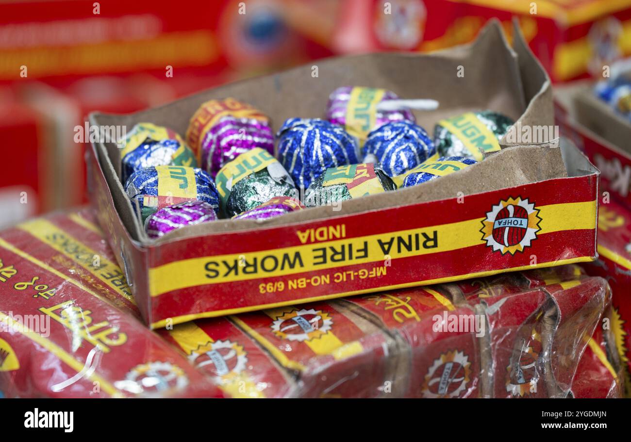 Various firecrackers displayed for sell at a market on the eve of ...