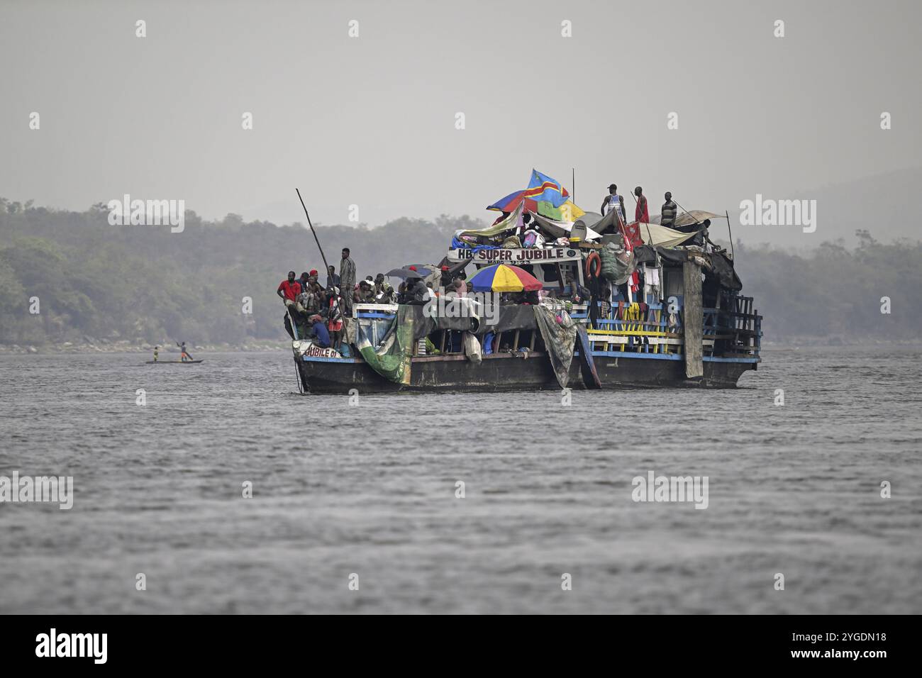 Overloaded ferry on the Congo River, near Tshumbiri, Mai-Ndombe ...