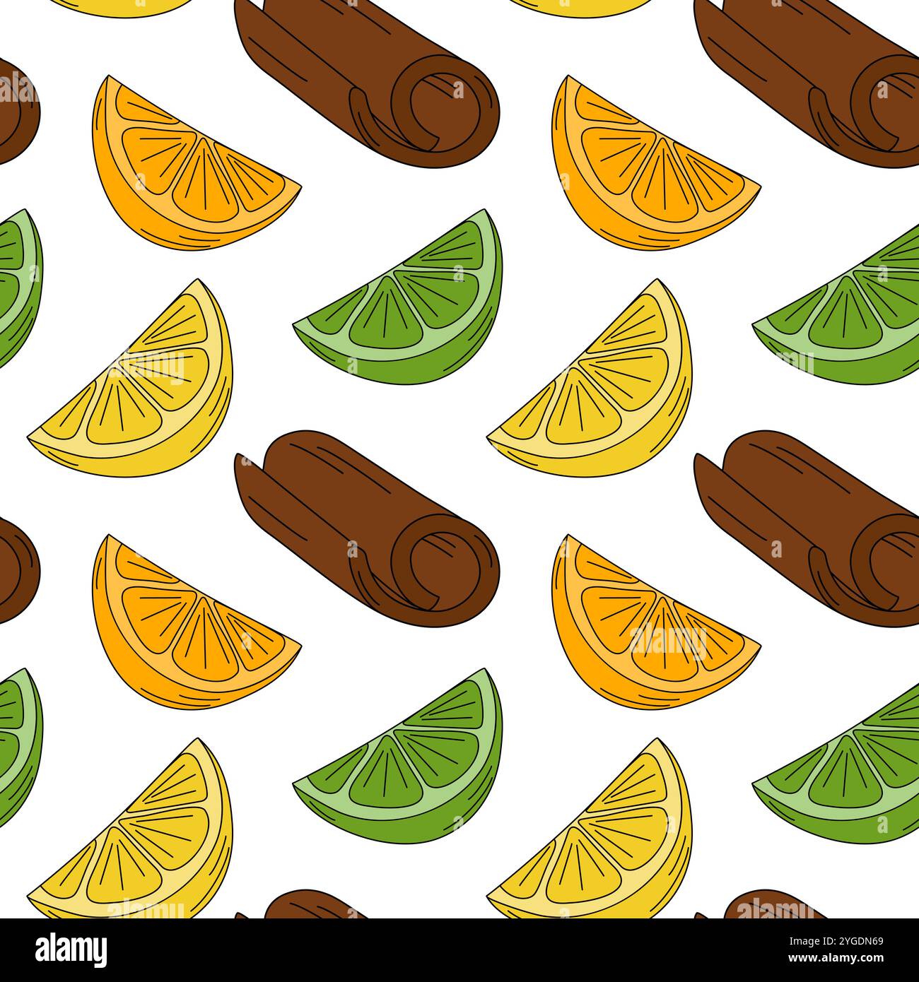 Lemon and lime slices, Cinnamon stick Citrus fruit Pop Art Seamless ...