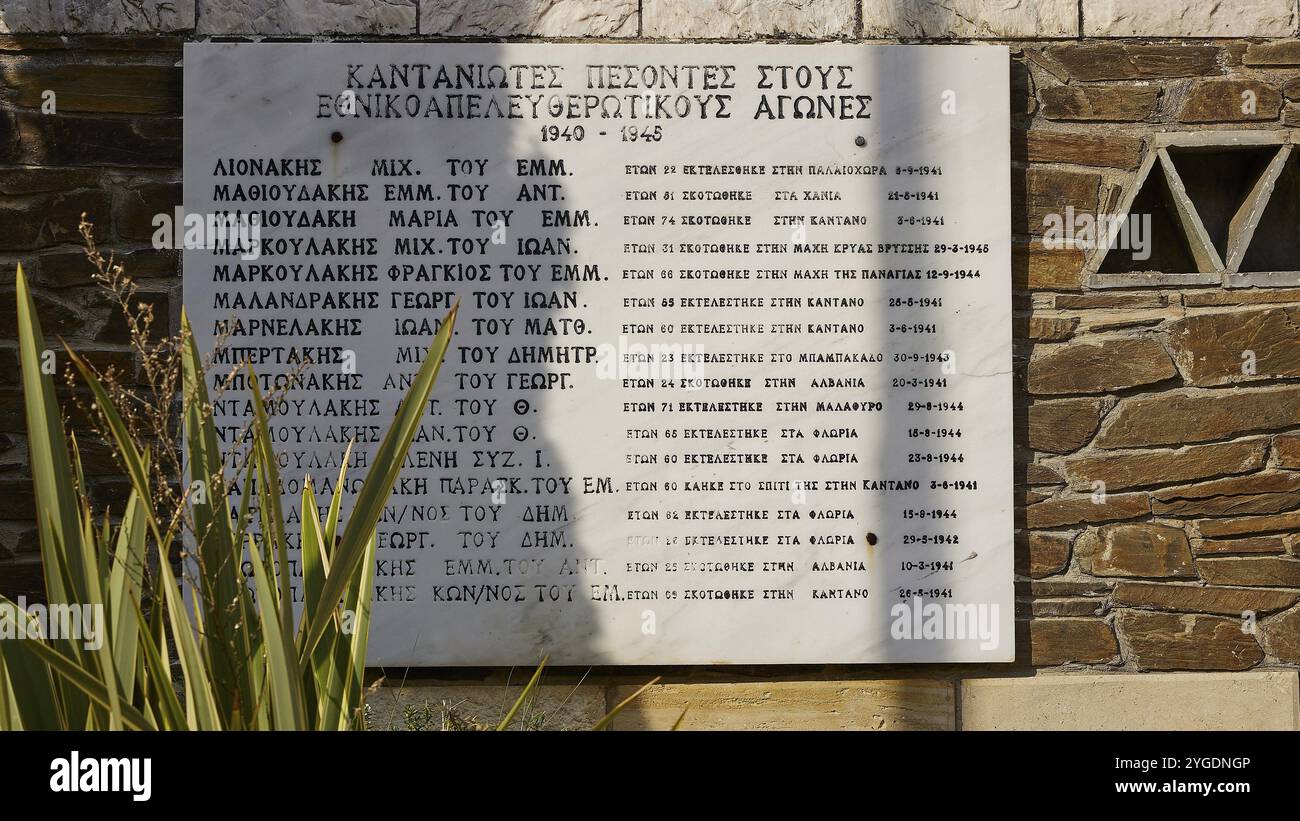 Memorial plaque on stone wall with Greek names, flanked by decorative ...