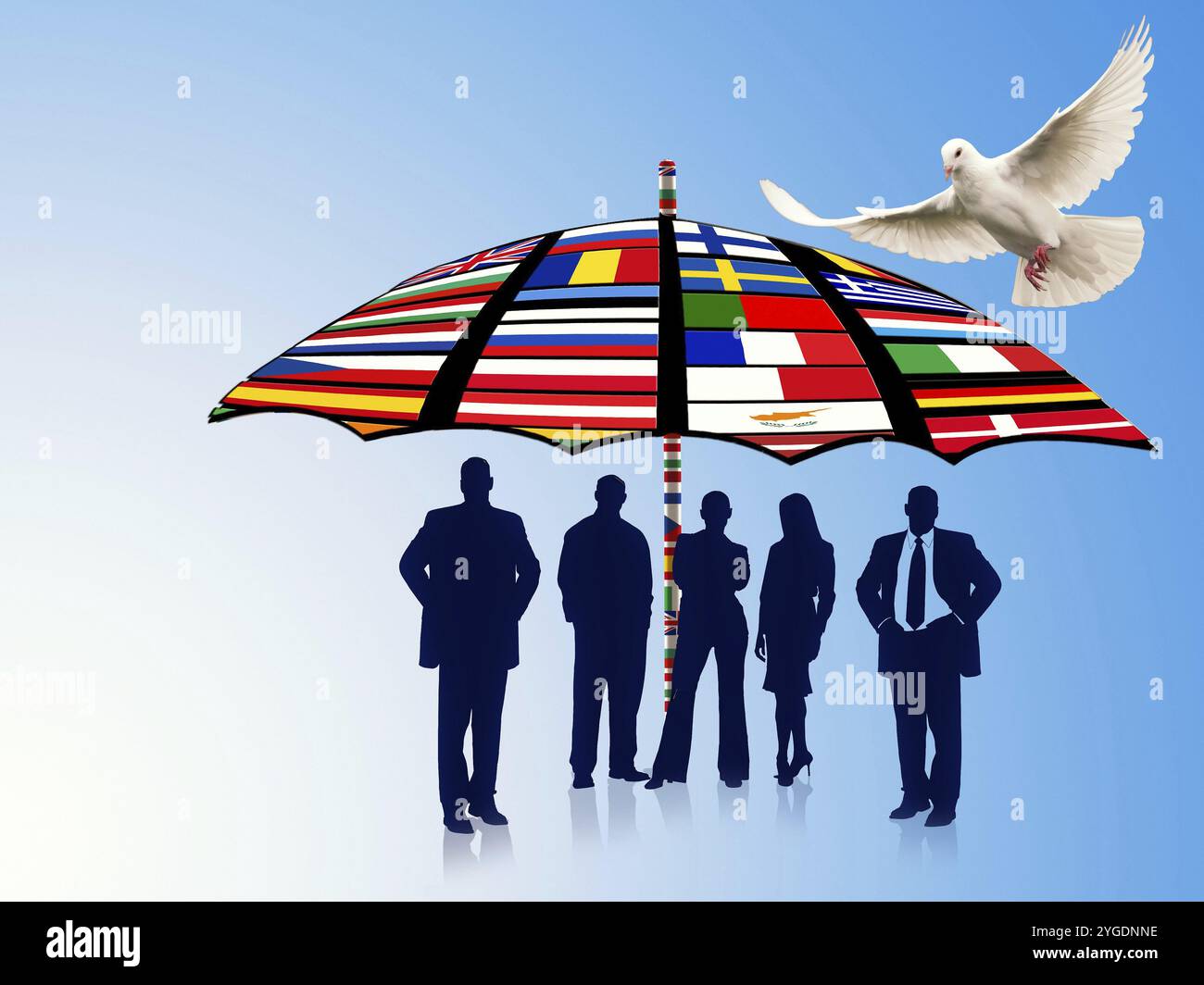 Symbolic image, dove of peace, peoples, flags, international ...