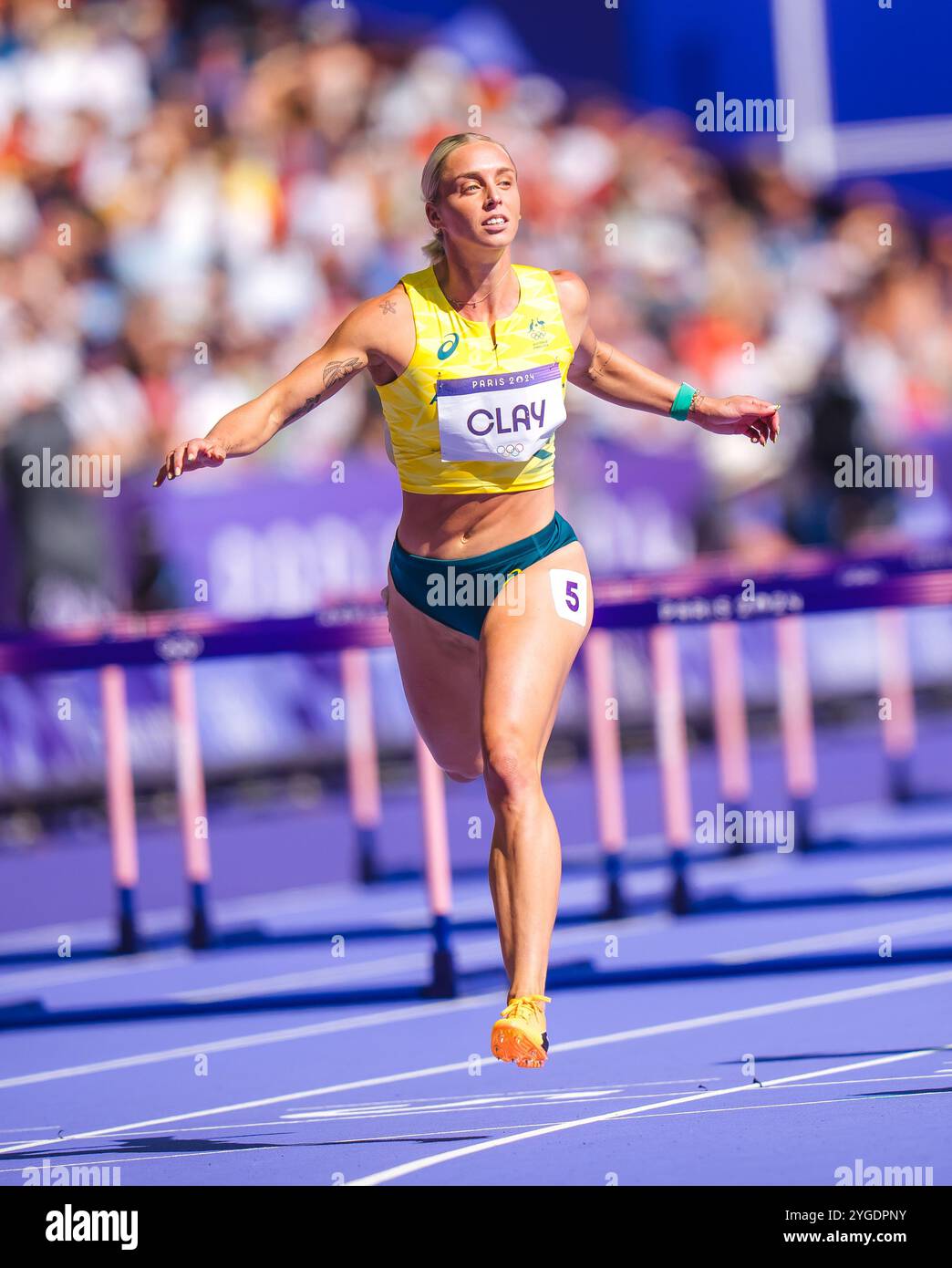 Liz Clay participating in the 100 meters hurdles at the Paris 2024 ...