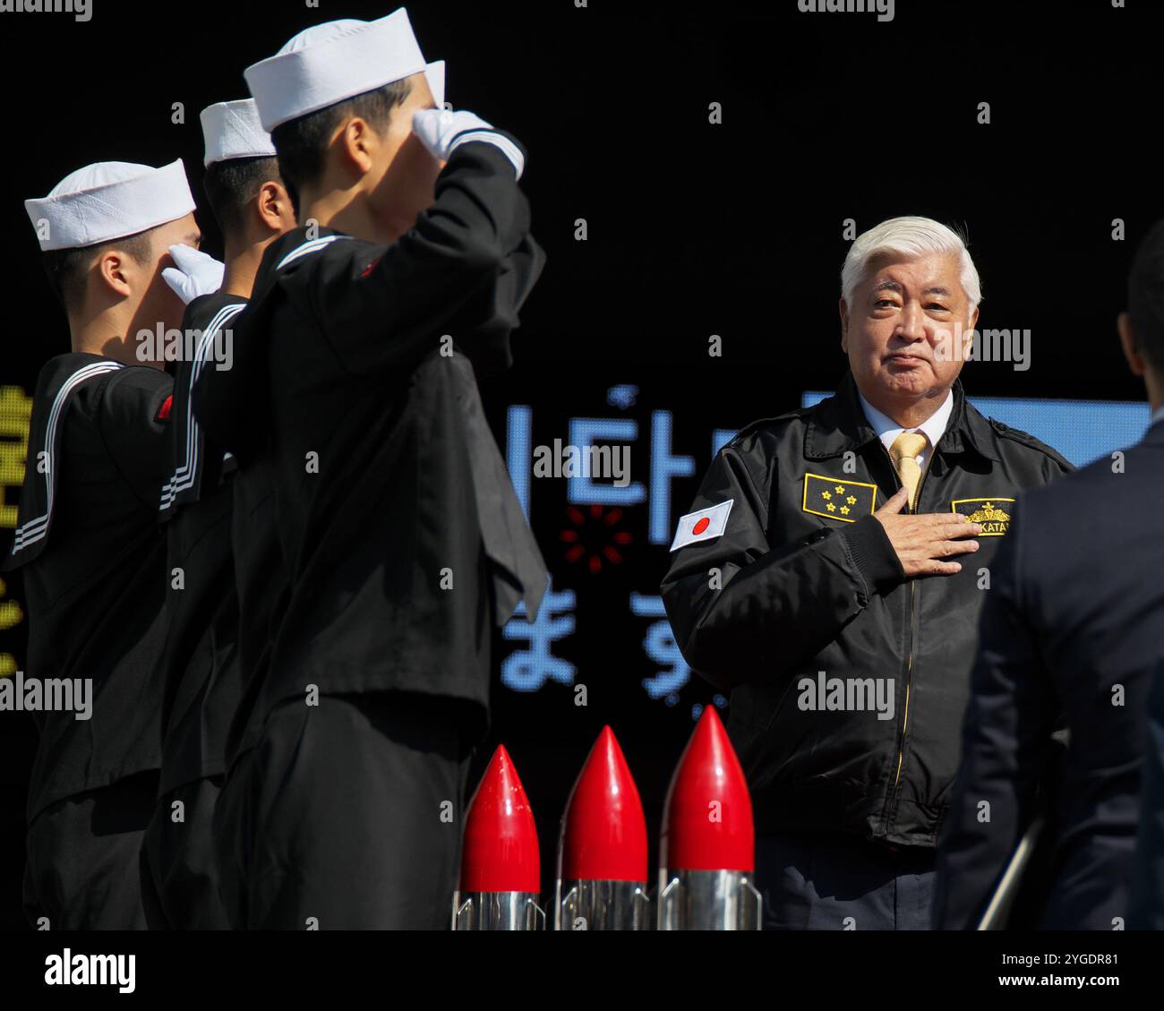 Yokosuka, Japan. 07th Nov, 2024. Defense Minister Gen Nakatani boards ...