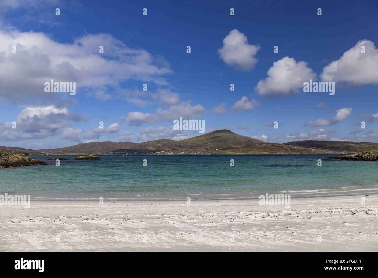 Sandy beach beach in the strait, Caolas Bhatarsaigh, Vatersay, Barra Island, Outer Hebrides ...