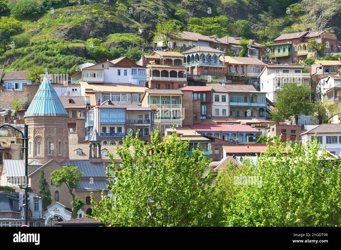 Aerial view with houses with traditional wooden carving balconies of ...