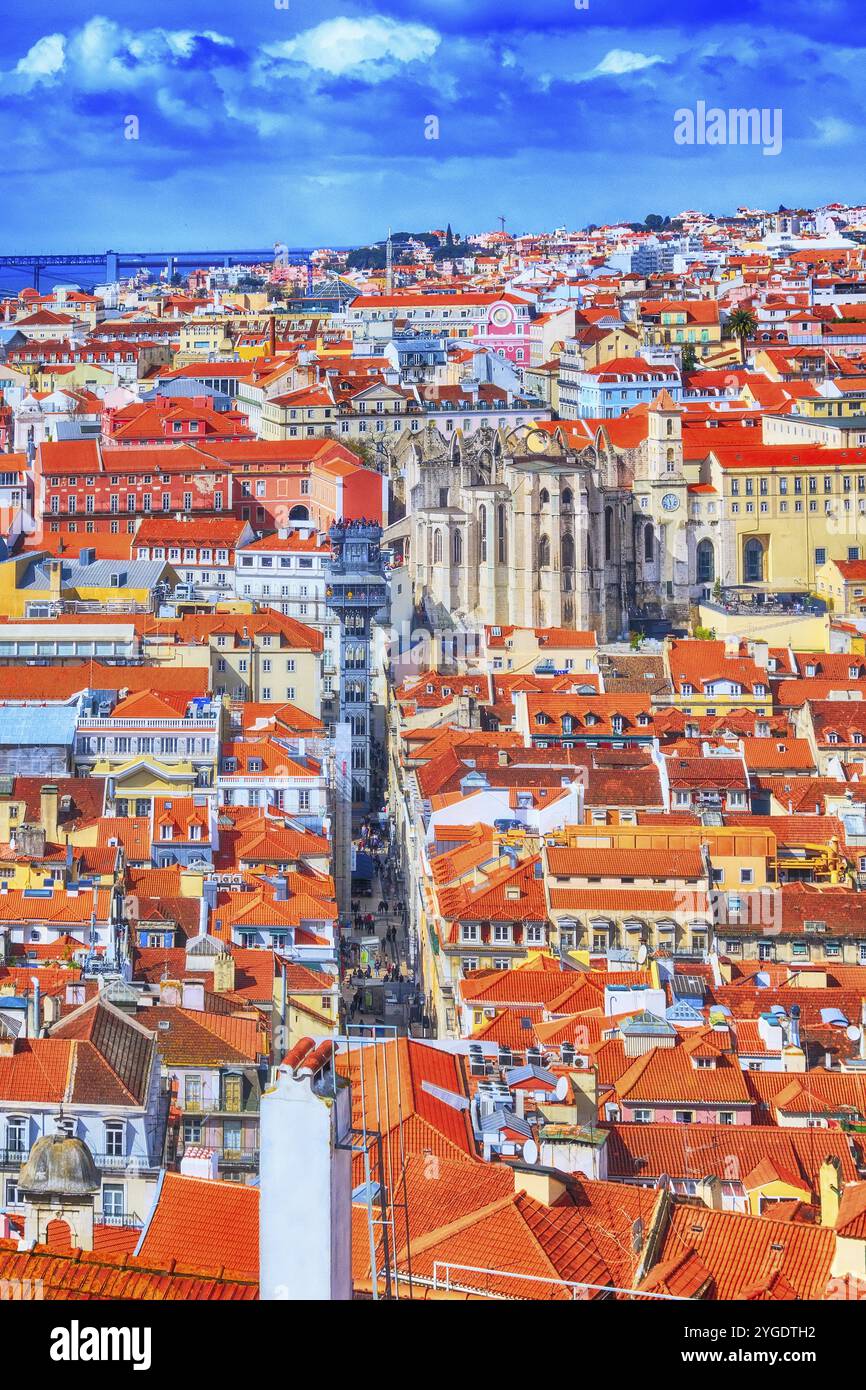 Lisbon, Portugal panoramic aerial view with Santa Justa elevator Stock ...