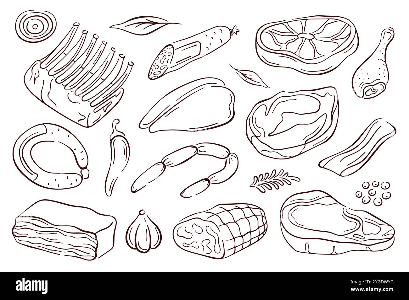 Meat set in line art style. Various collection of meat products like ...