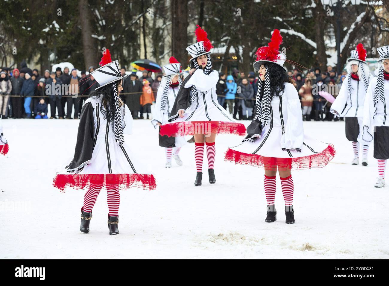 Razlog, Bulgaria, January 14, 2017: Ladies in bright red and white ...