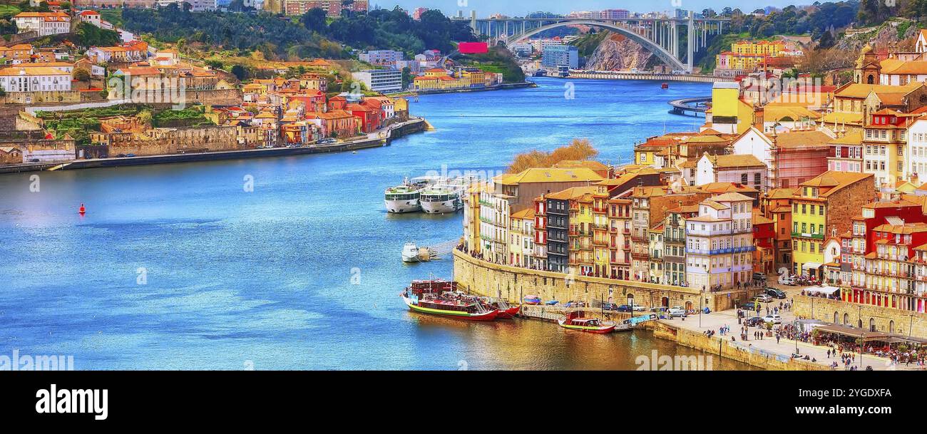 Porto, Portugal old town ribeira aerial promenade view with colorful ...