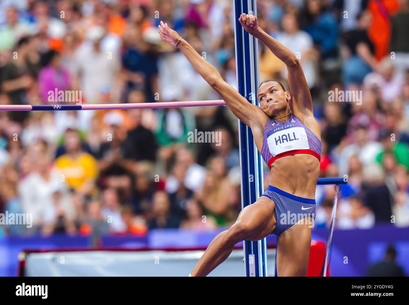 Anna Hall participating in the high jump at the Paris 2024 Olympic ...