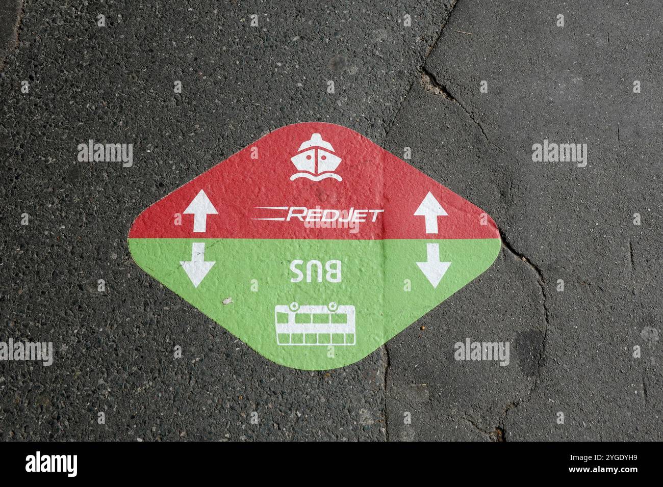 Red Jet Ferry Sign On The Pavement Sidewalk Giving Directions To The ...
