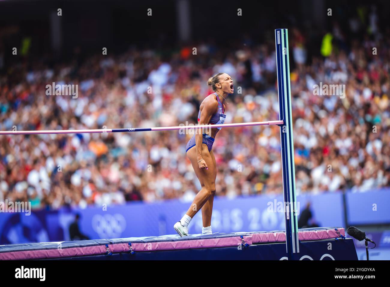 Anna Hall participating in the high jump at the Paris 2024 Olympic ...