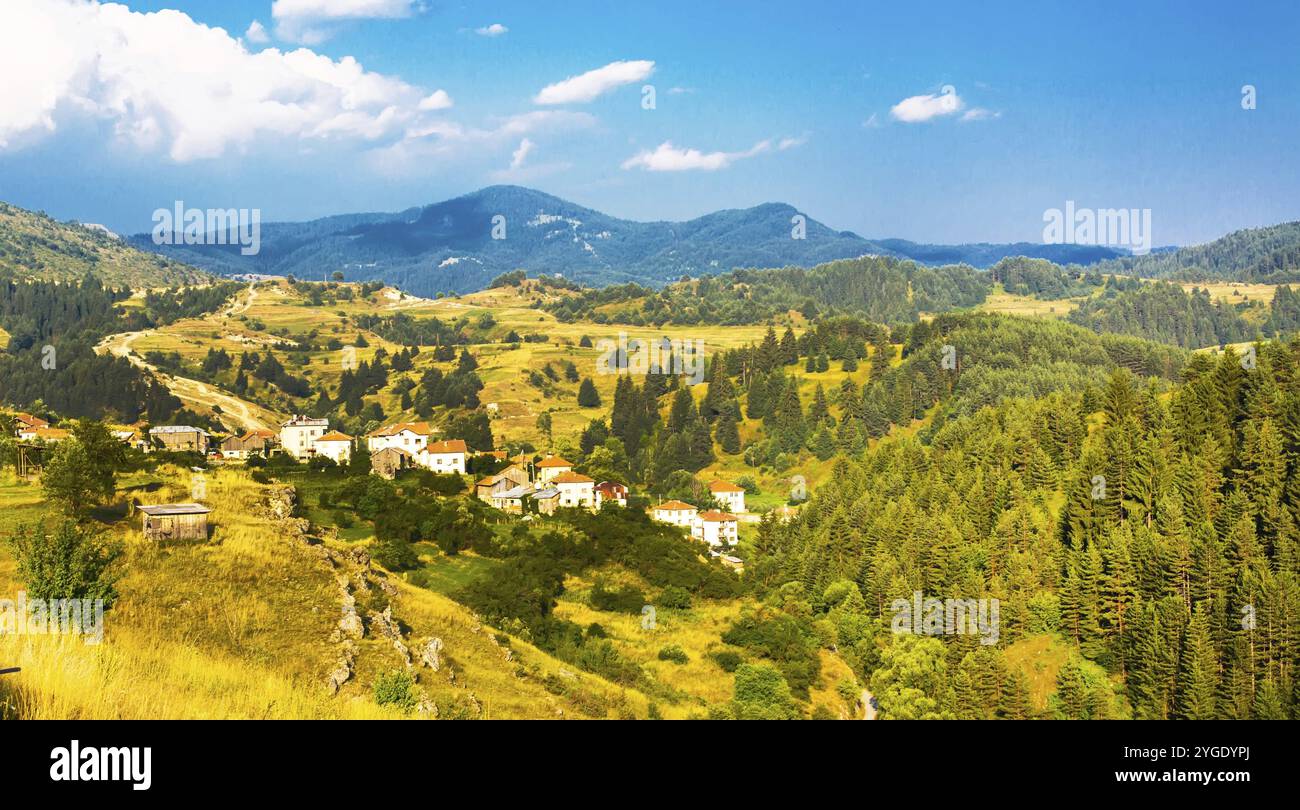Aeral view of small Bulgarian Village in Rhodope. Mountains and forests ...