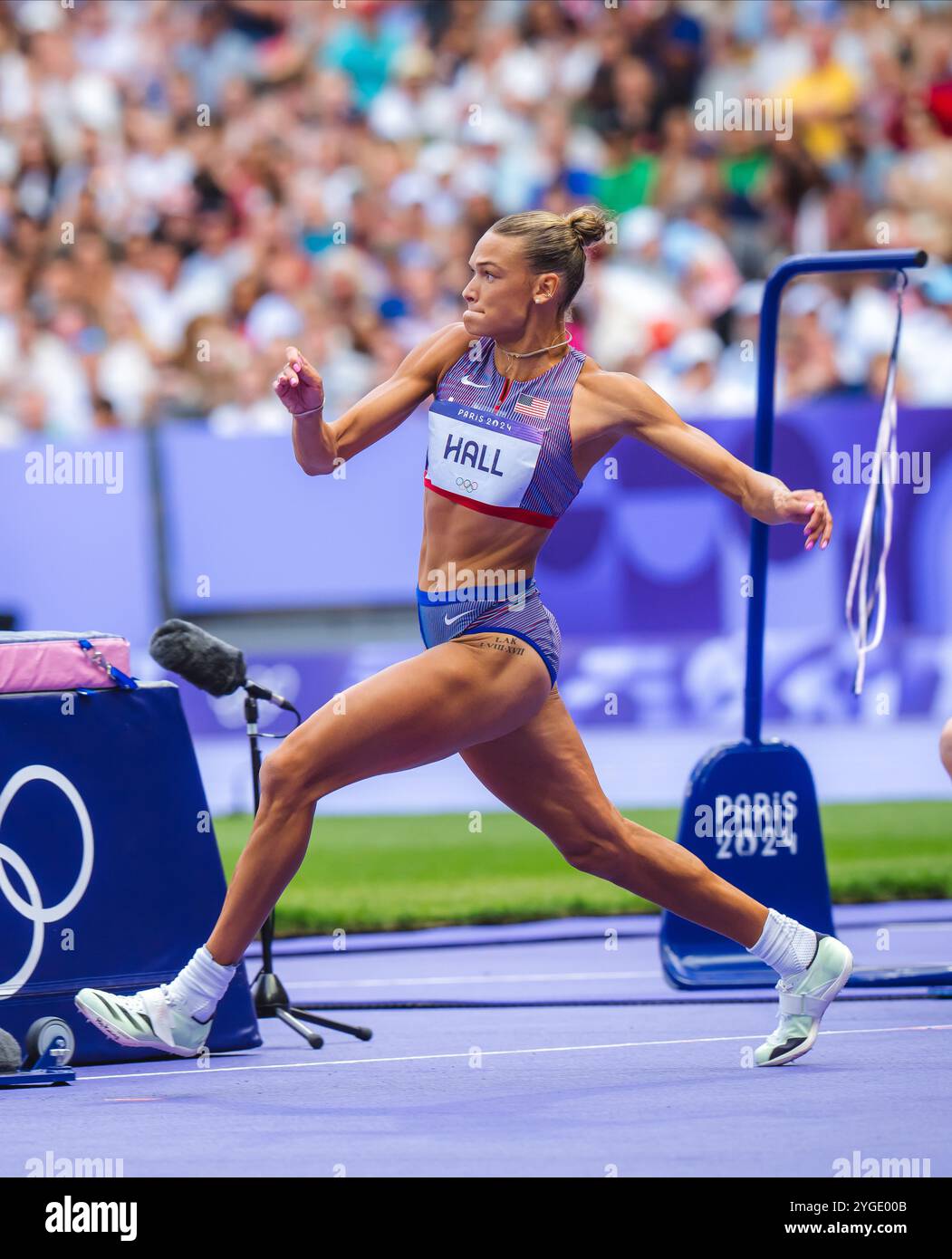 Anna Hall participating in the high jump at the Paris 2024 Olympic ...