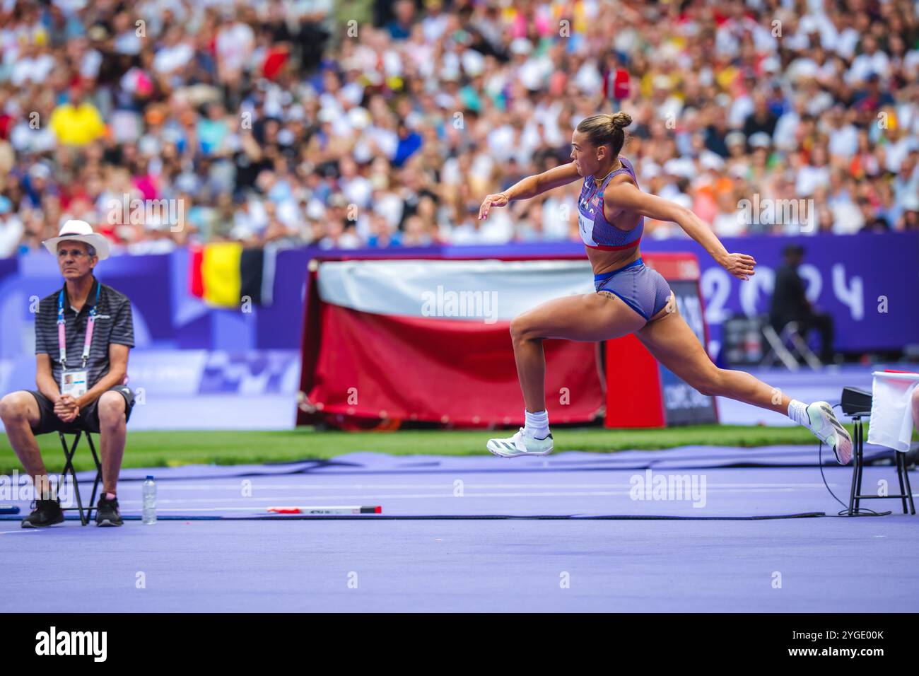 Anna Hall participating in the high jump at the Paris 2024 Olympic ...