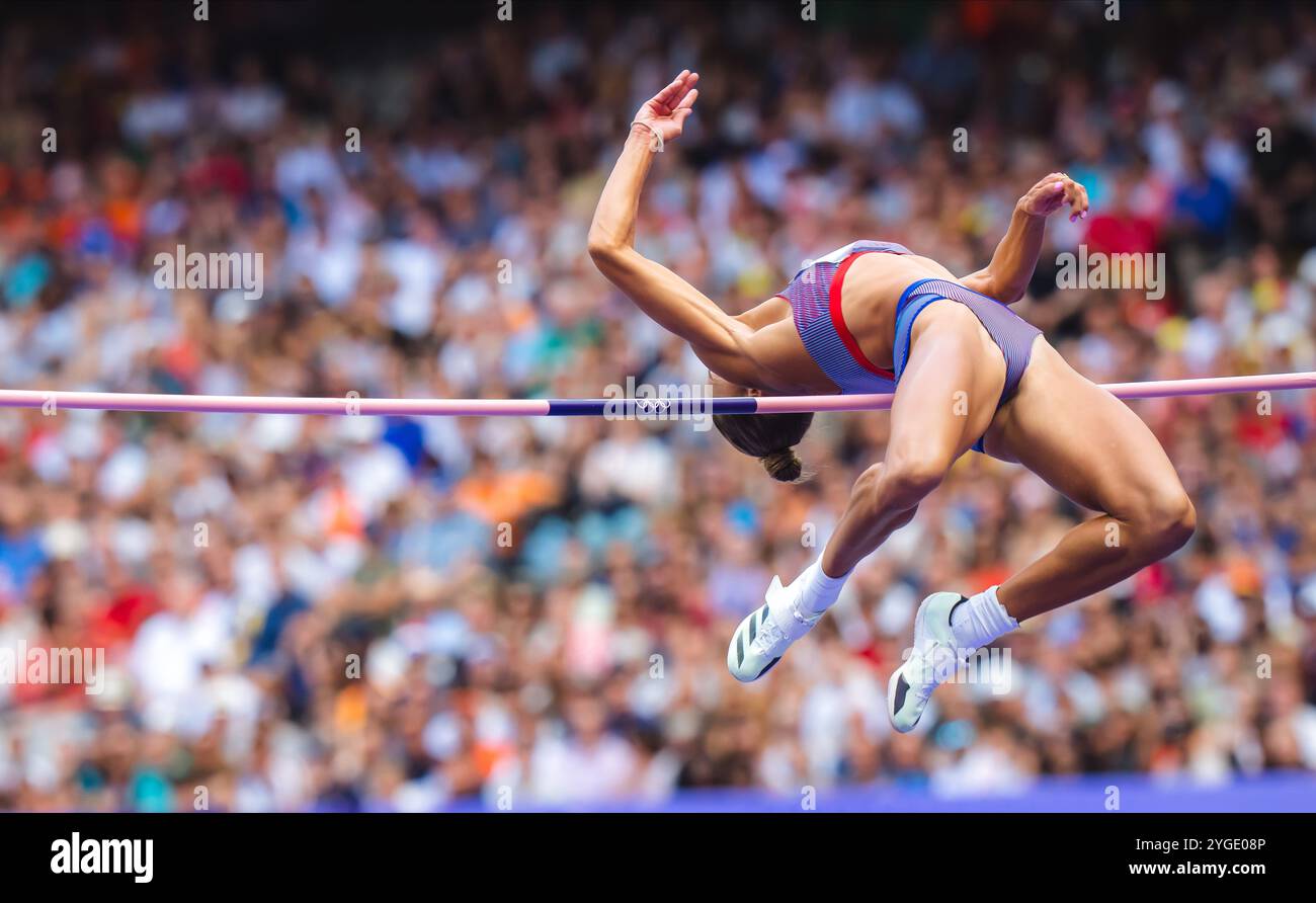 Anna Hall participating in the high jump at the Paris 2024 Olympic ...