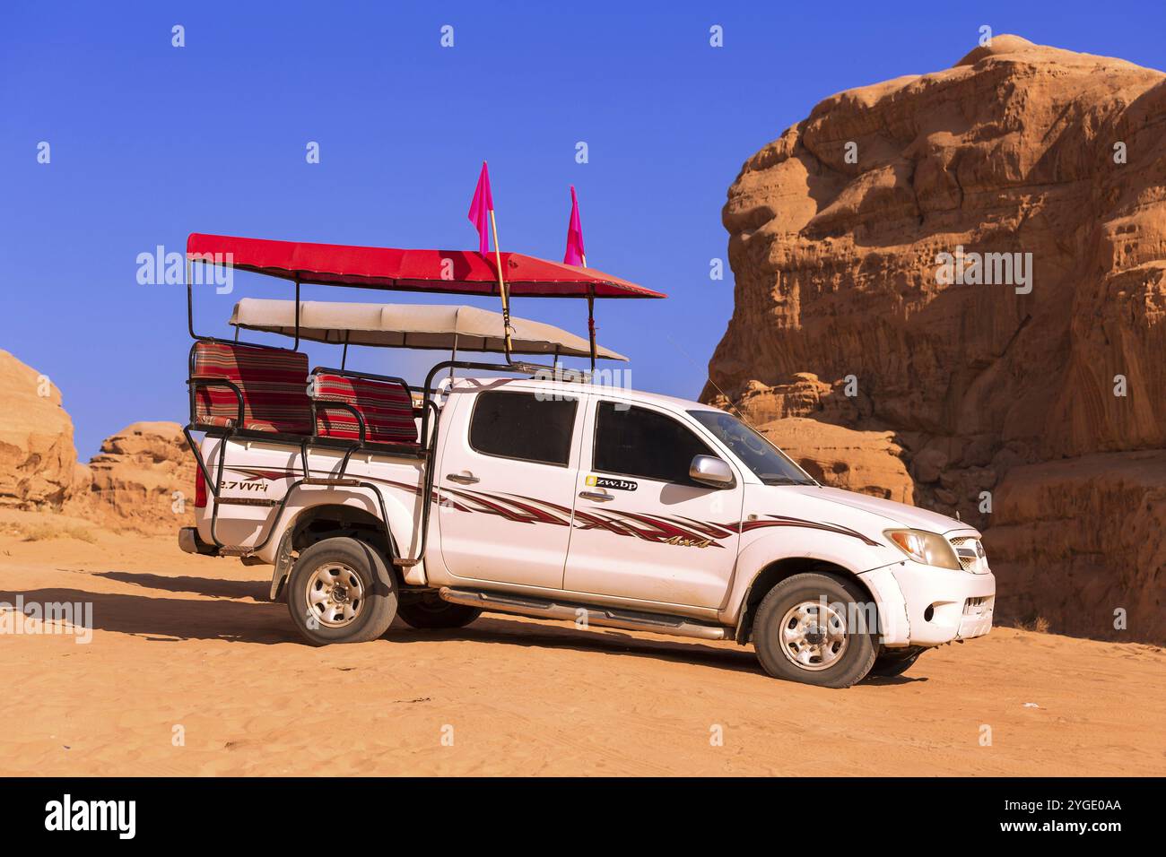 Jordan, Wadi Rum, November 2, 2022: Bedouin jeep tour car in the desert ...