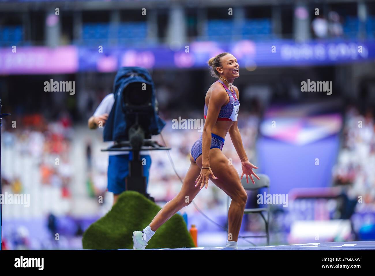 Anna Hall participating in the high jump at the Paris 2024 Olympic ...