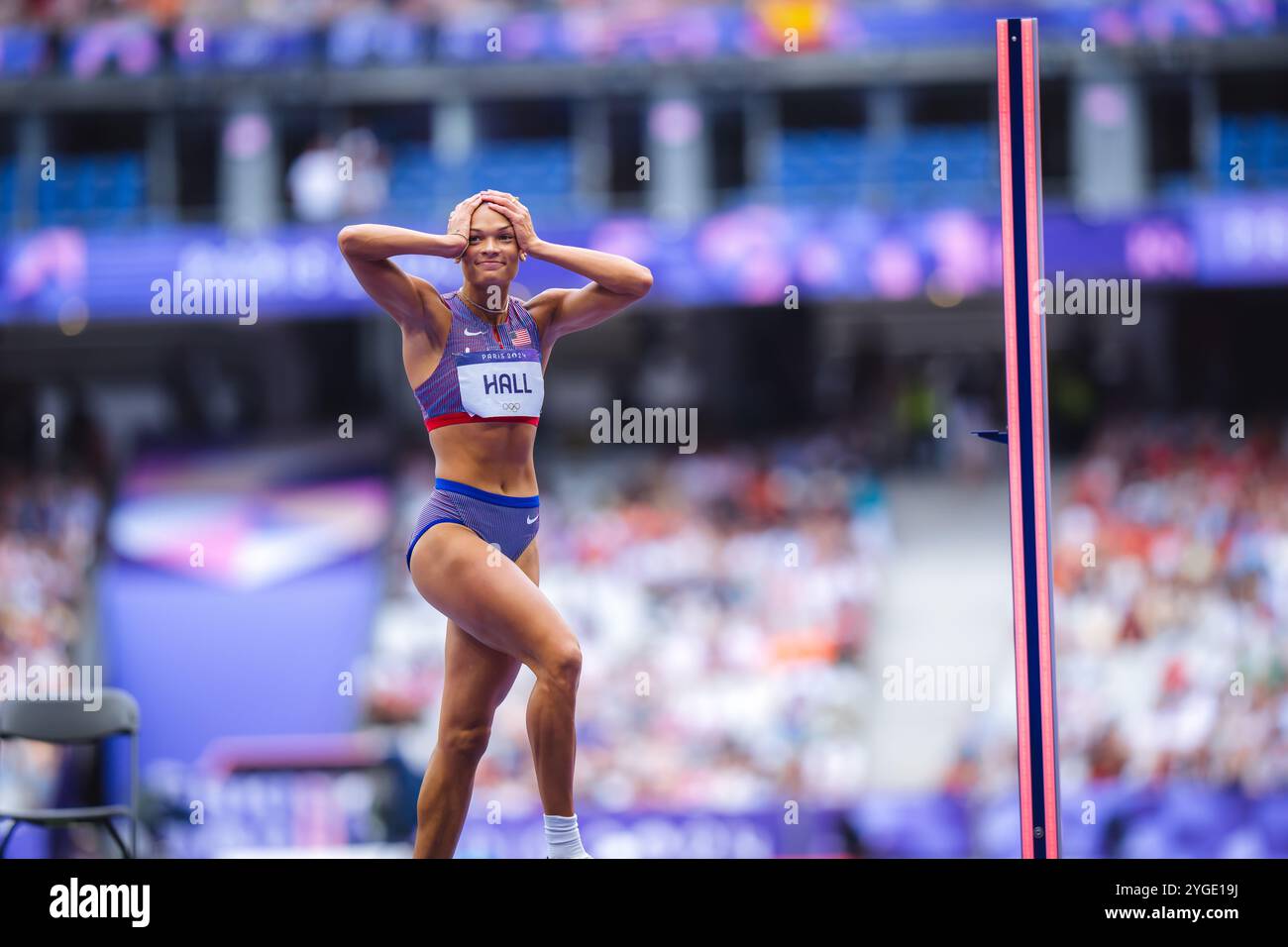 Anna Hall participating in the high jump at the Paris 2024 Olympic ...