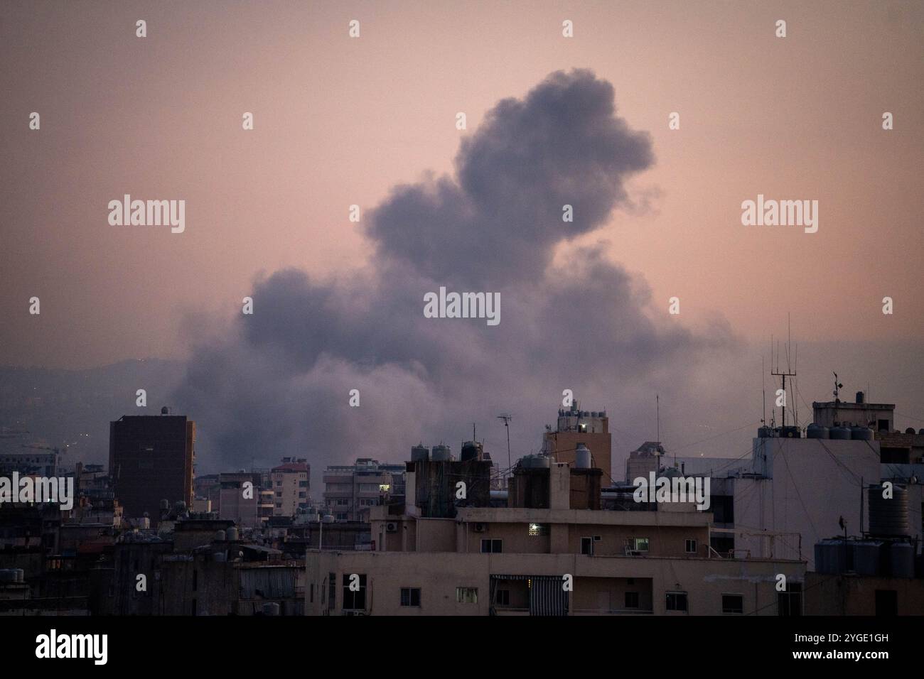 Beirut. November 6 2024. Smoke rises after an israeli airstrike has ...