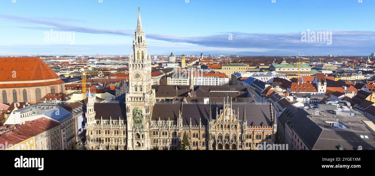 Aerial panoramic banner view of Marienplatz town hall rathaus and city ...