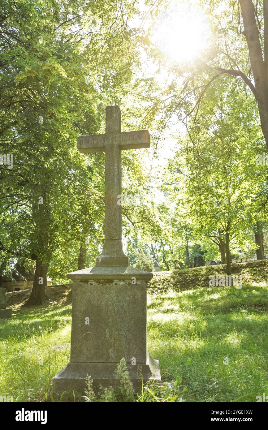 Sun shining on a grave cross at an old cemetery Stock Photo - Alamy