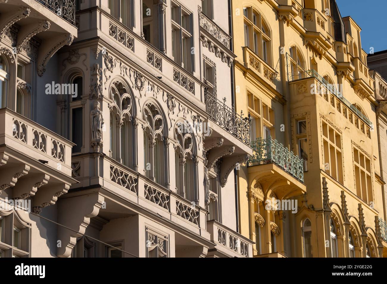 Architectural detail on the facade of historic buildings in Prague Old ...