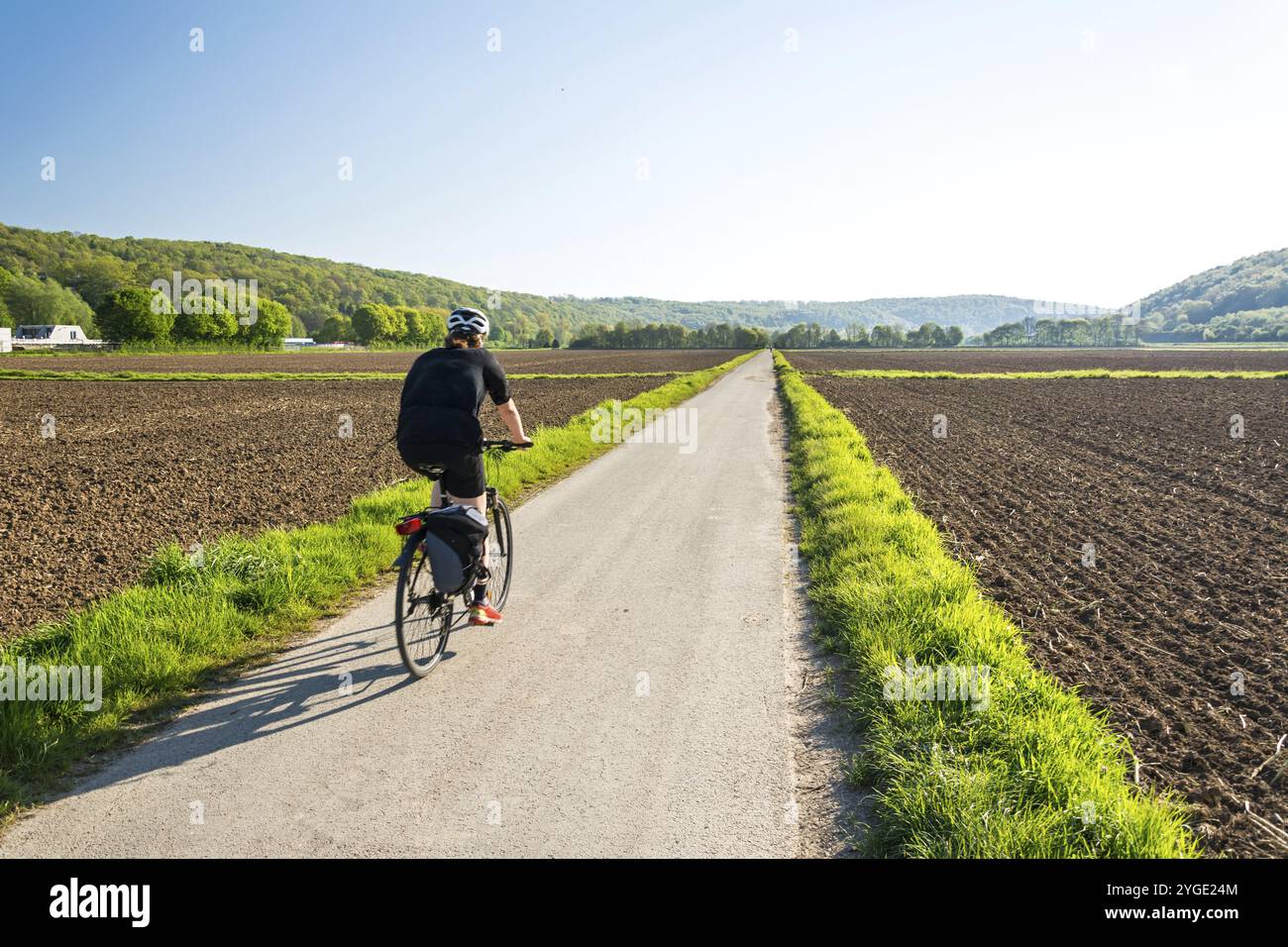 Cyclist on a bike lane in rural landscape in summer Stock Photo - Alamy