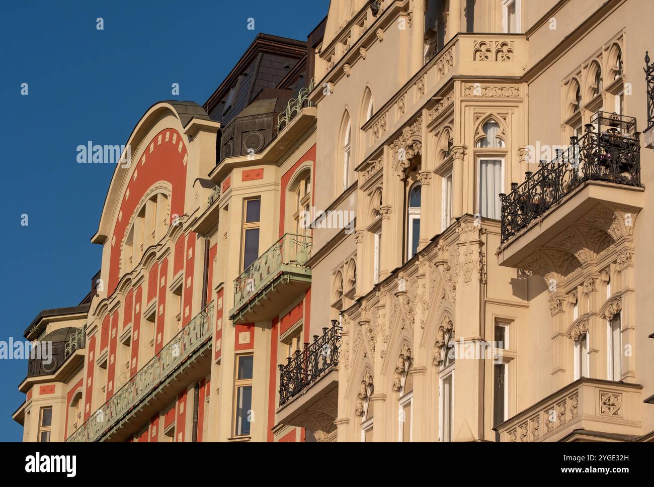 Architectural detail on the facade of historic buildings in Prague Old ...