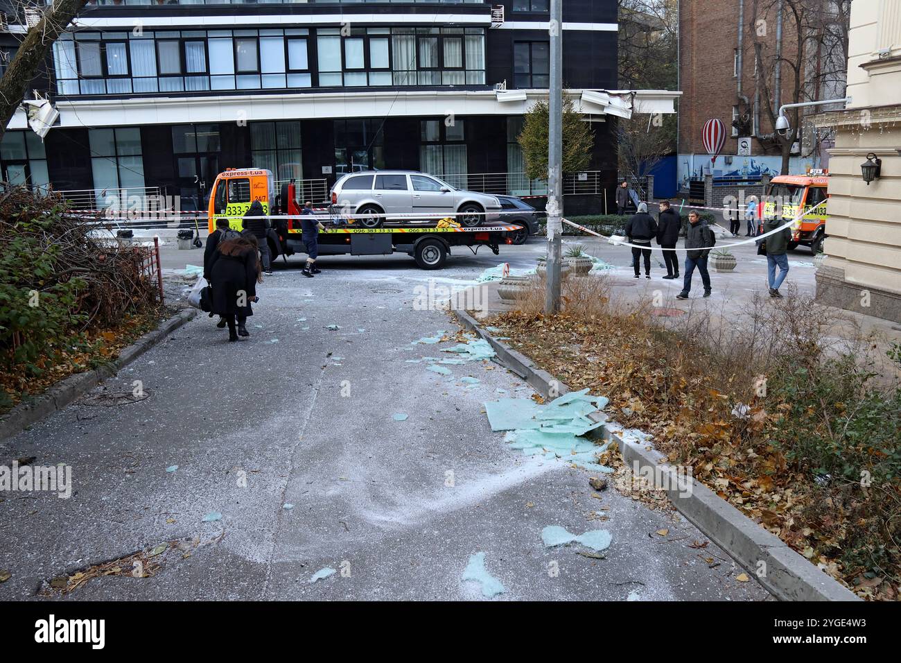 KYIV, UKRAINE - NOVEMBER 7, 2024 - Broken glass from the windows ...