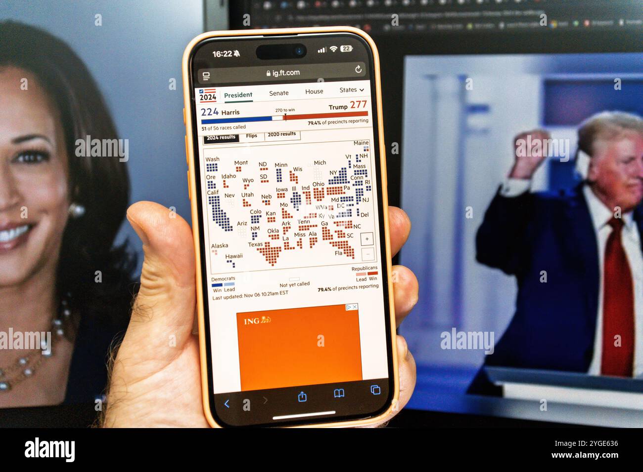 Paris, France - Nov 6, 2024: A smartphone shows the Financial Times 2024 U.S. election results ...