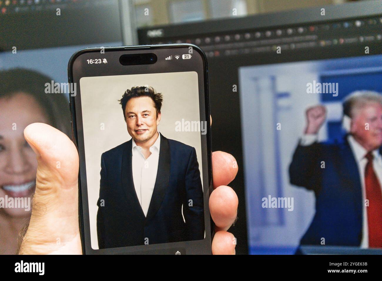 Paris, France - Nov 6, 2024: A smartphone displays a portrait of Elon ...