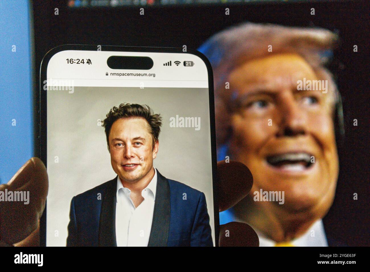 Paris, France - Nov 6, 2024: A smartphone displays a portrait of Elon ...