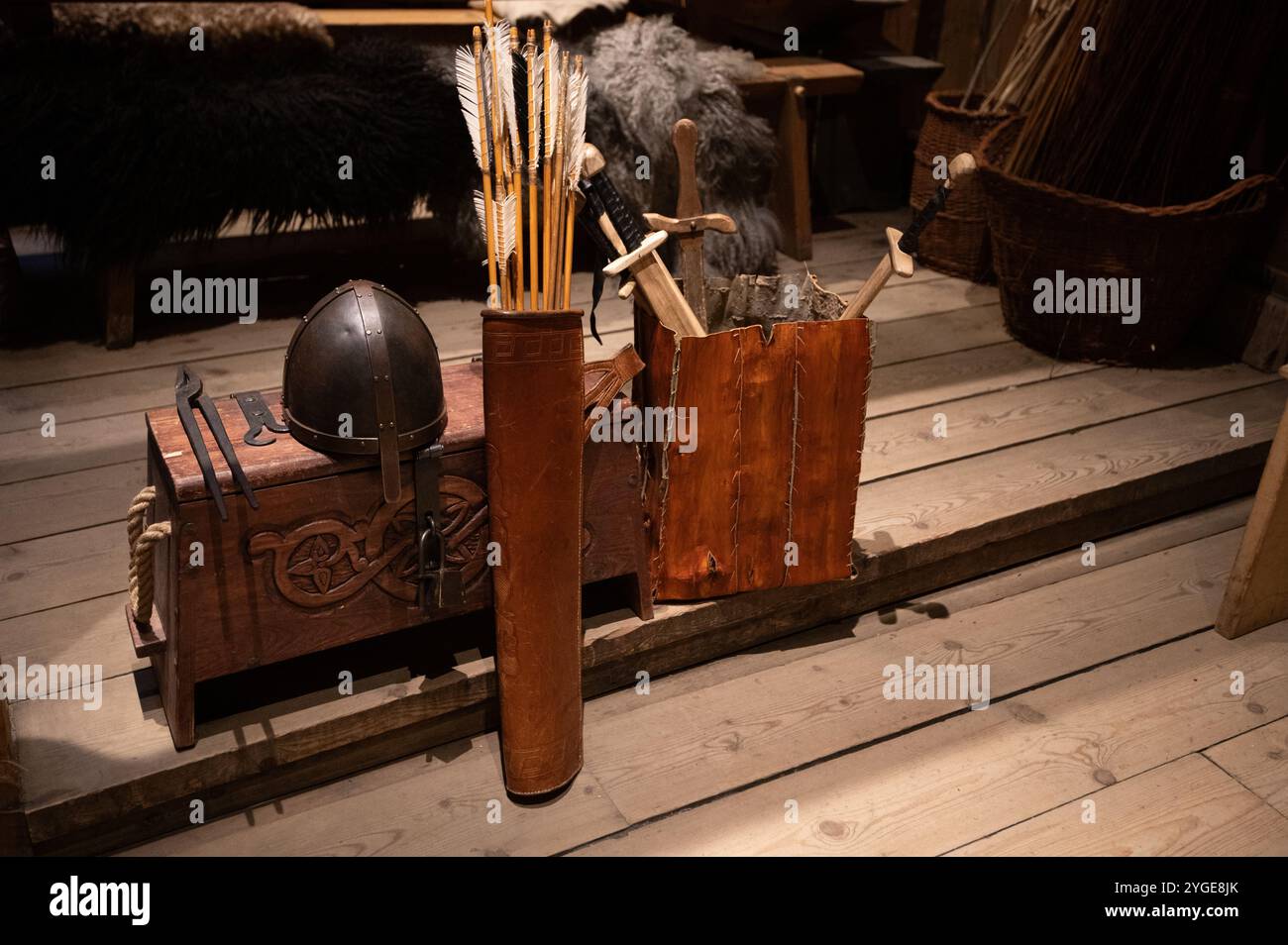 A set of Viking weapons and helmet inside the Viking Chieftain’s ...