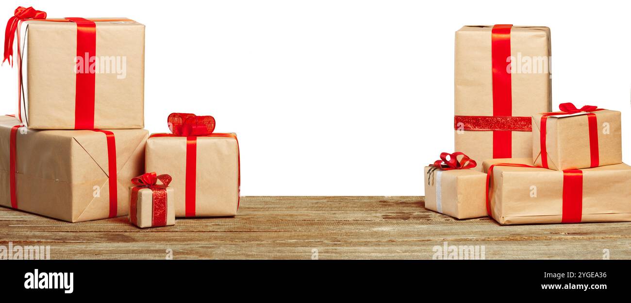 pile of gifts on the old table Stock Photo - Alamy