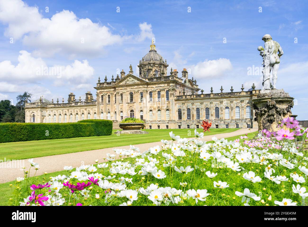 Castle Howard Yorkshire - Flower beds and statue in the gardens of ...