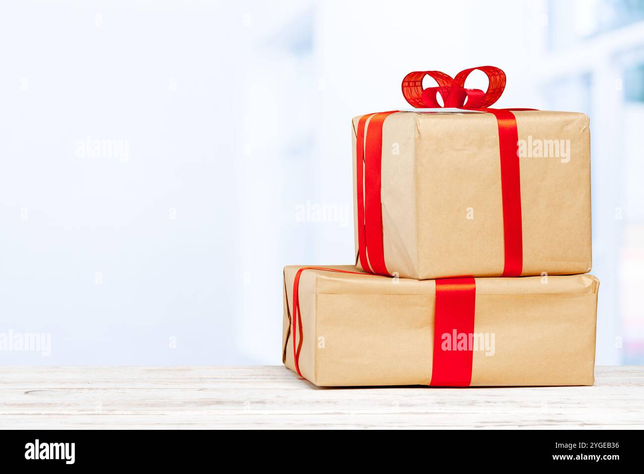 pile of gifts on the old table Stock Photo - Alamy