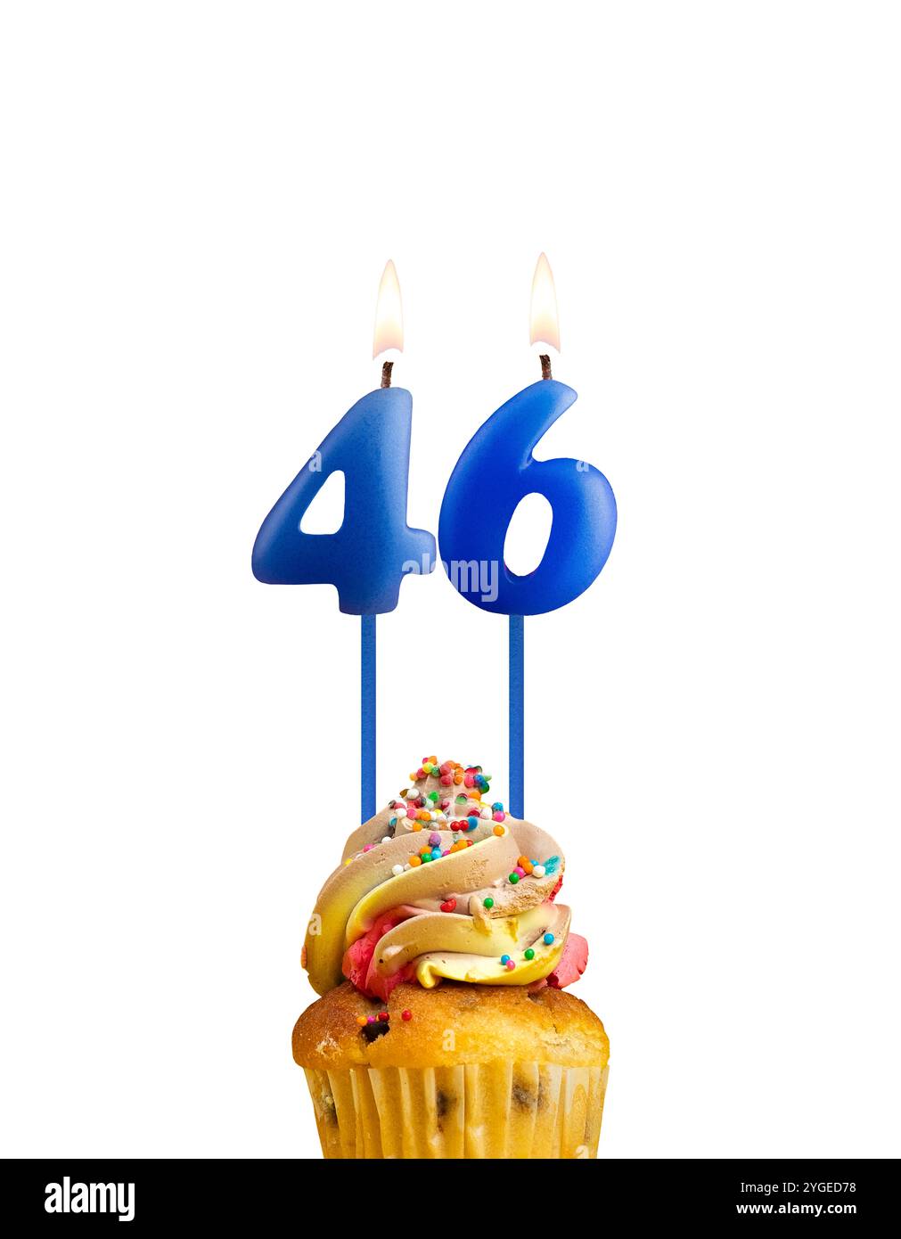 Candle in shape of the number 46 - Blue birthday on a white background ...
