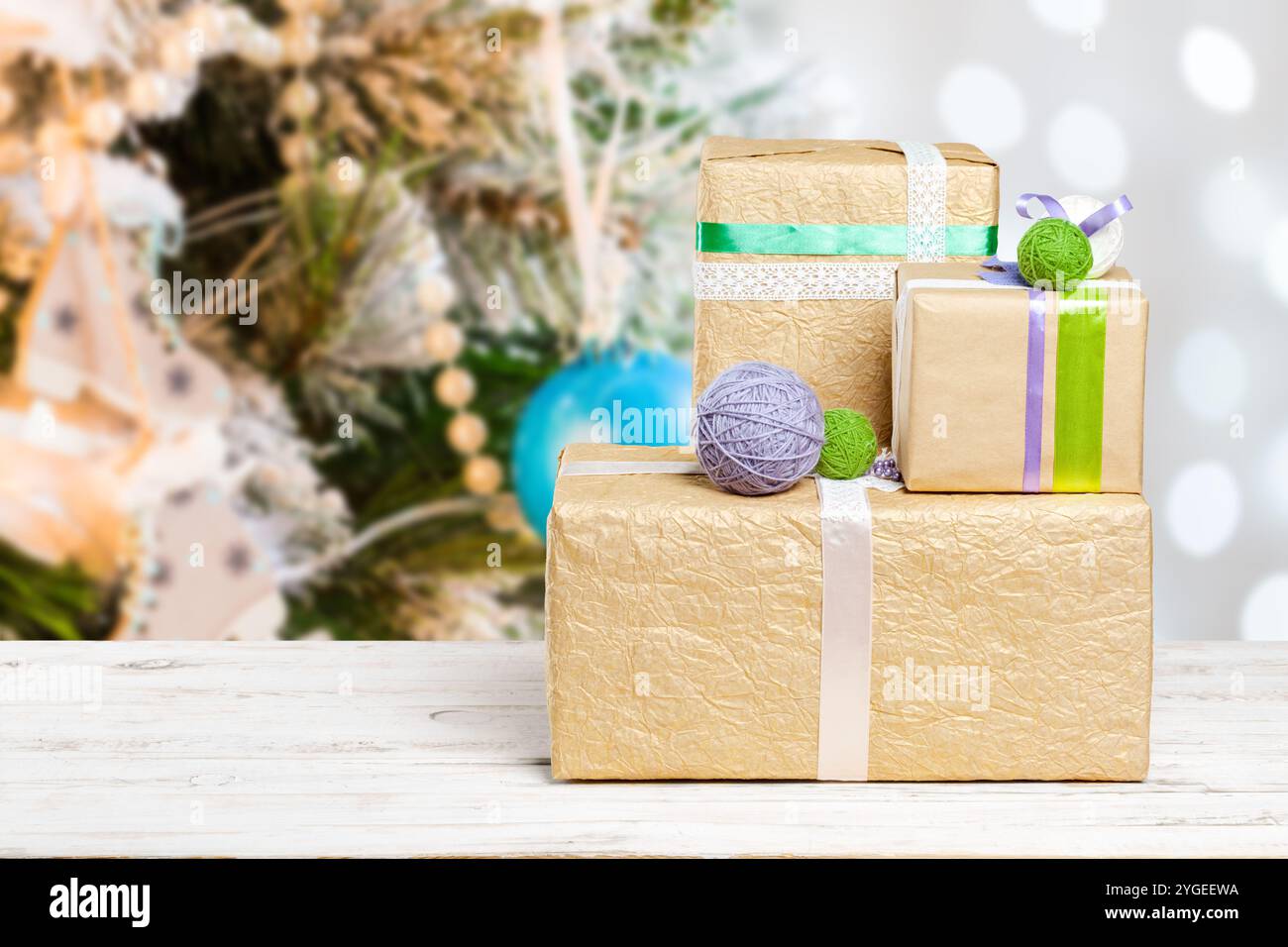 pile of gifts on the old table Stock Photo - Alamy