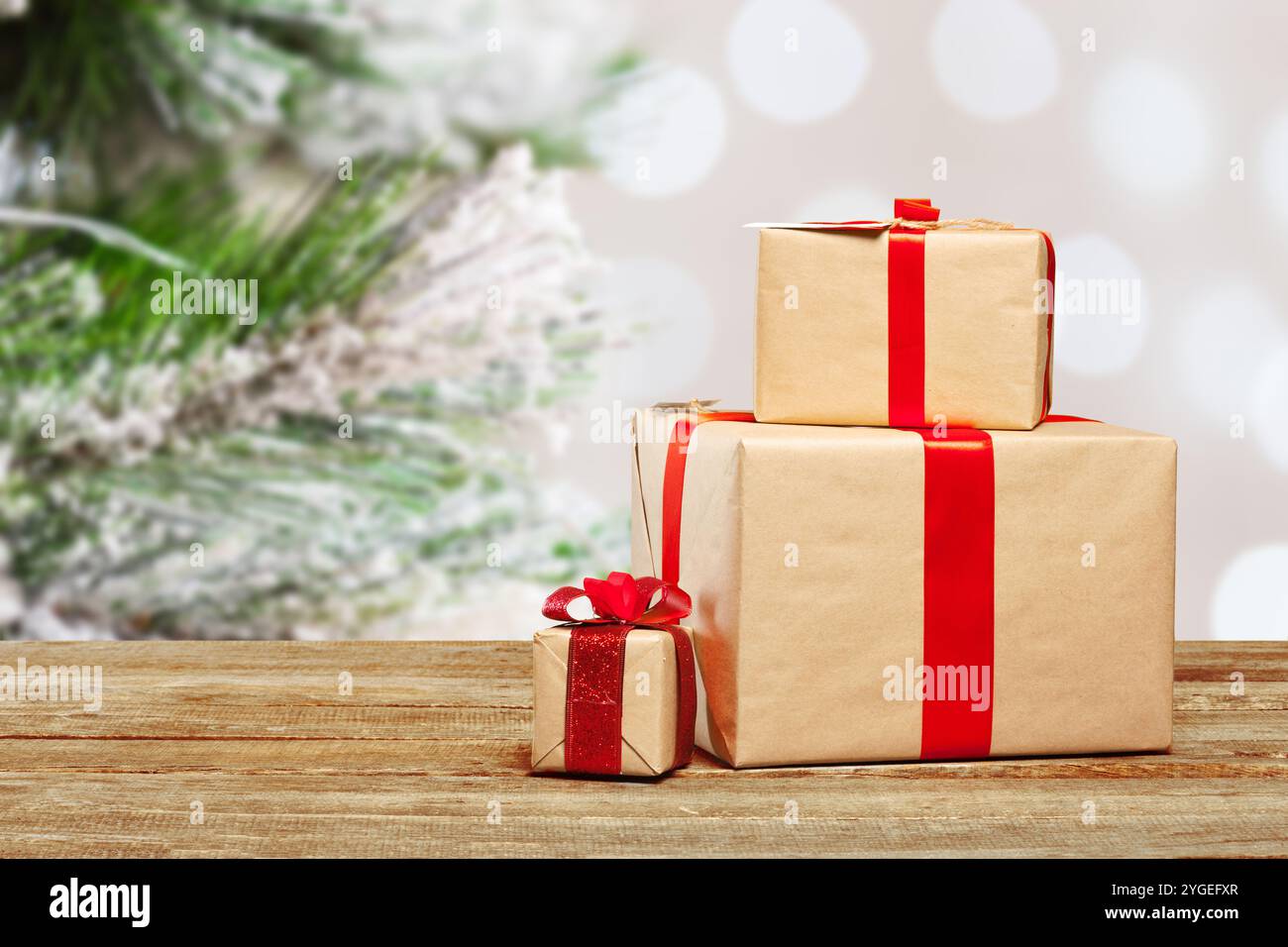 pile of gifts on the old table Stock Photo - Alamy