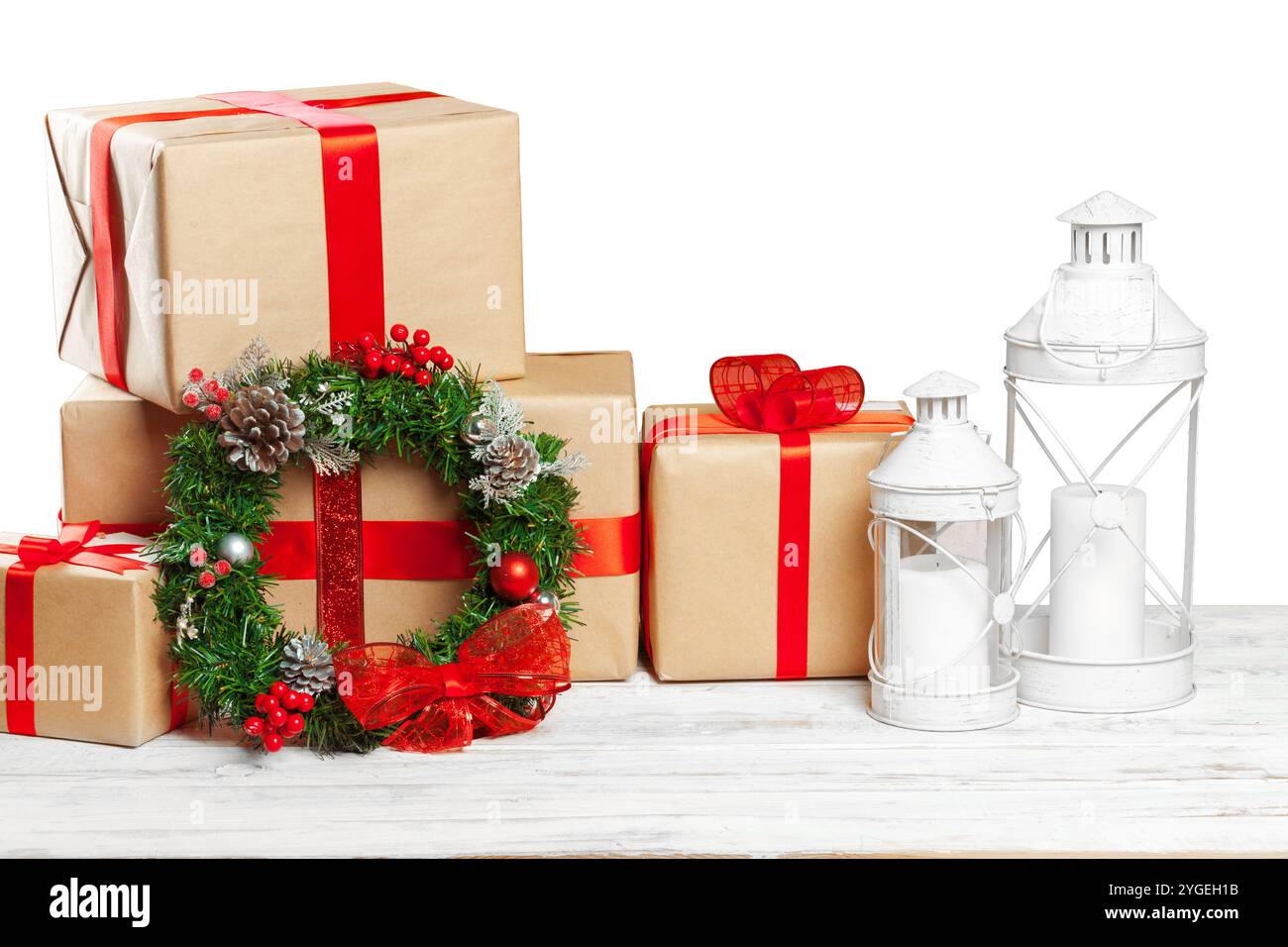 pile of gifts on the old table Stock Photo - Alamy